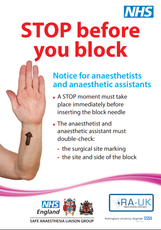 'Stop before you block' poster (Safe Anaesthesia Liaison Group ...